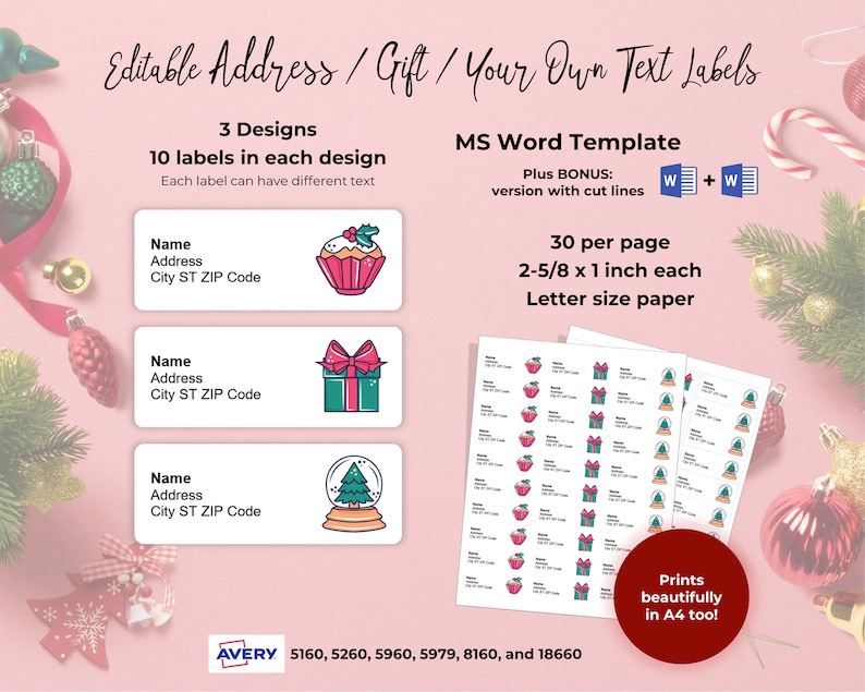 Printable Editable Christmas Gift, Address Labels. 30/page. MS Word ...
