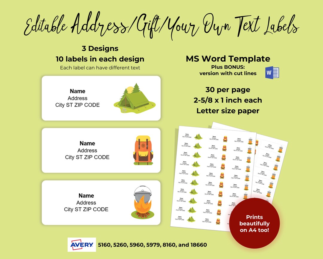 Printable Hiking Camping Outdoors Address Labels, Stickers, Gift ...