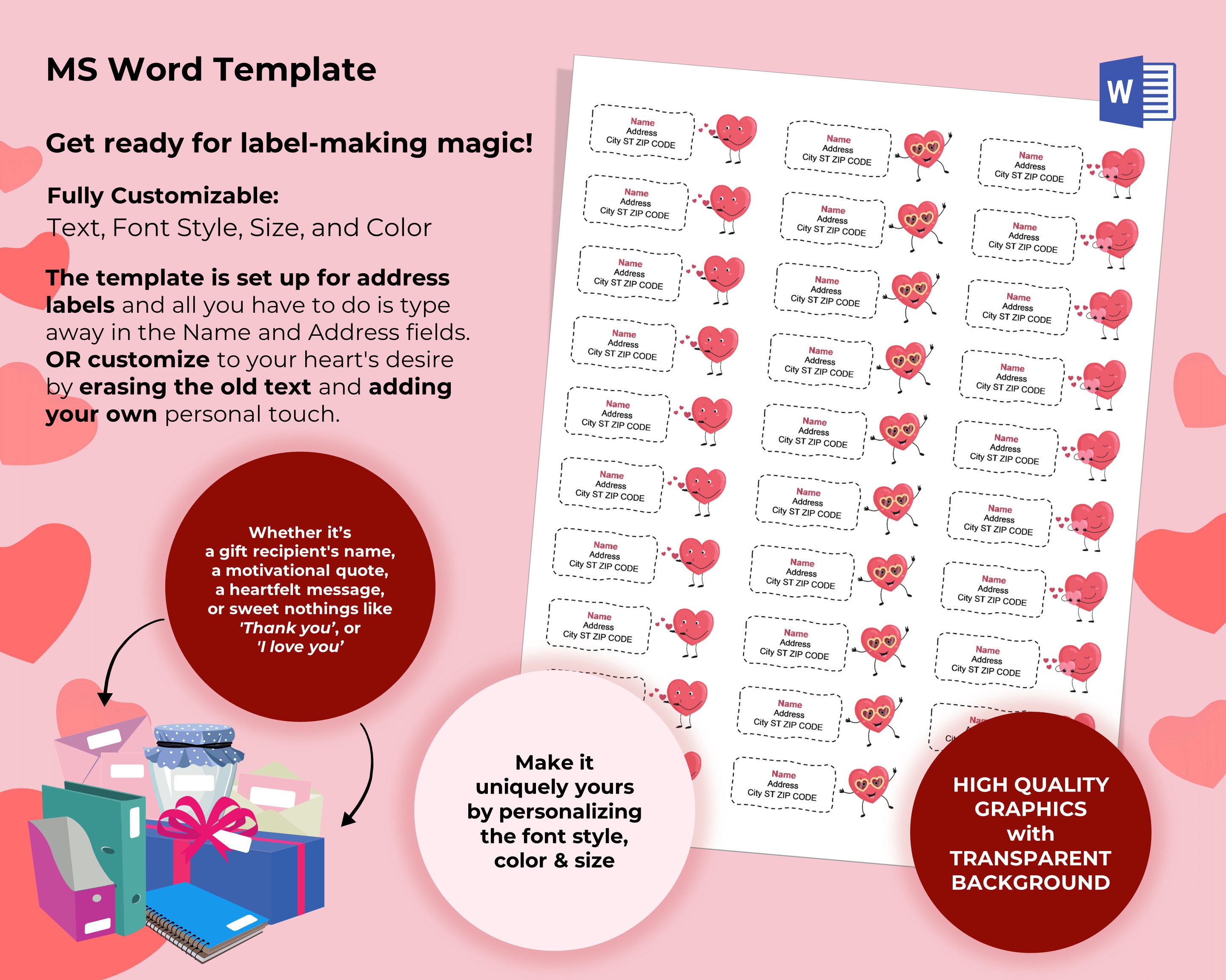 Printable Love, Heart Address Labels, Stickers, Gift, Editable Text ...