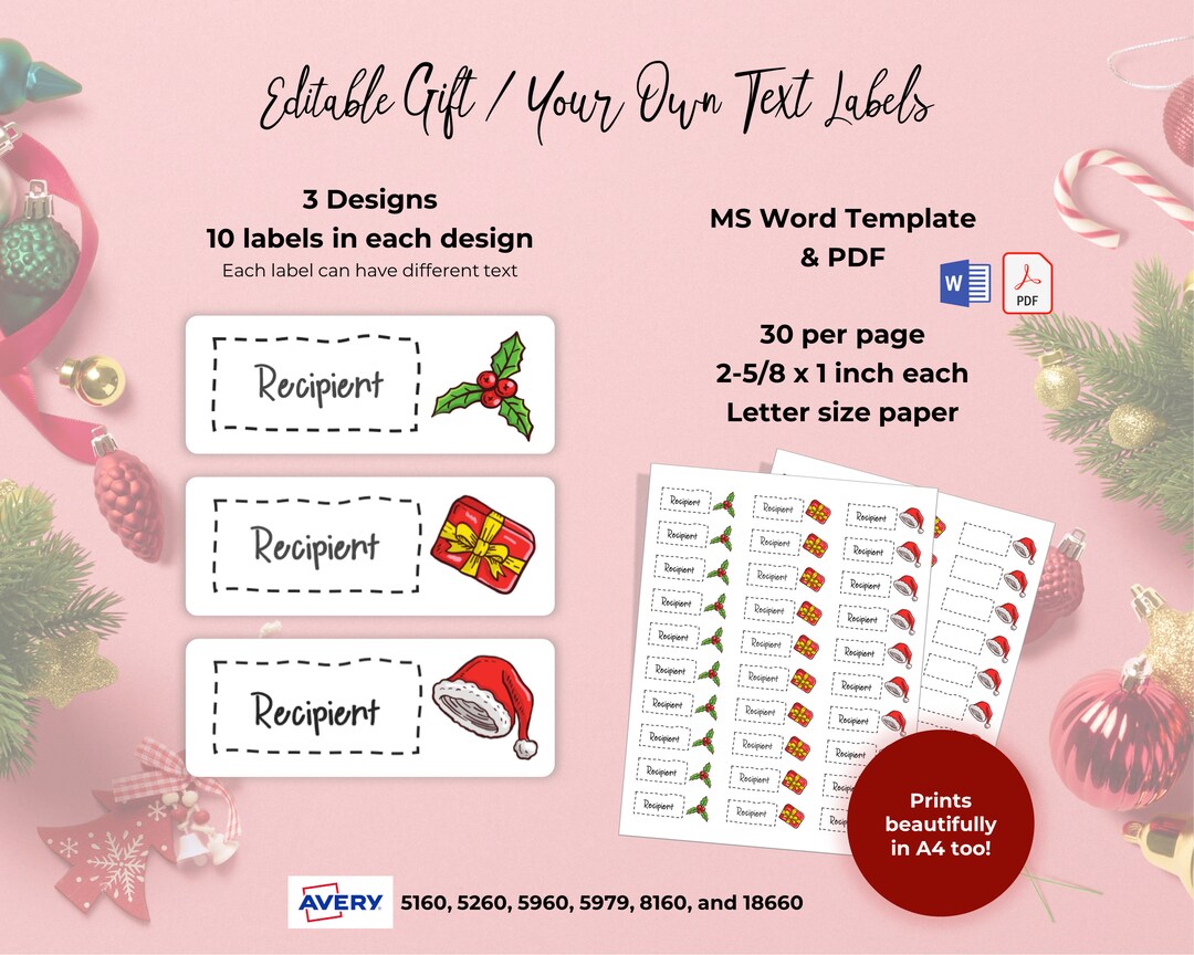 Editable Printable Christmas Gift Labels. 30/page. MS Word Template and ...