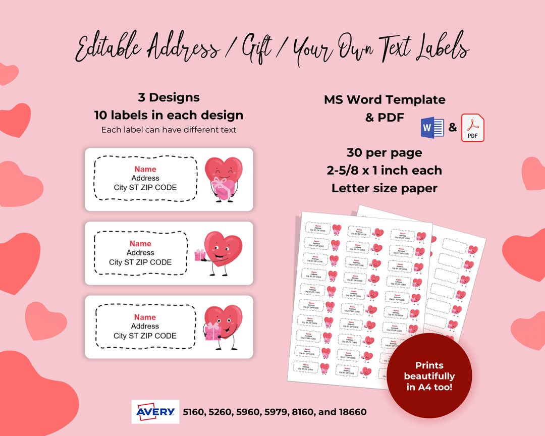 Printable Love, Heart Address Labels, Stickers, Gift, Editable Text ...