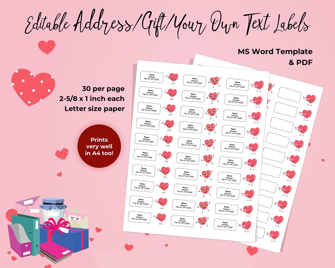 Heart Address Labels: Editable Text, Gift Stickers (MS Word Template ...