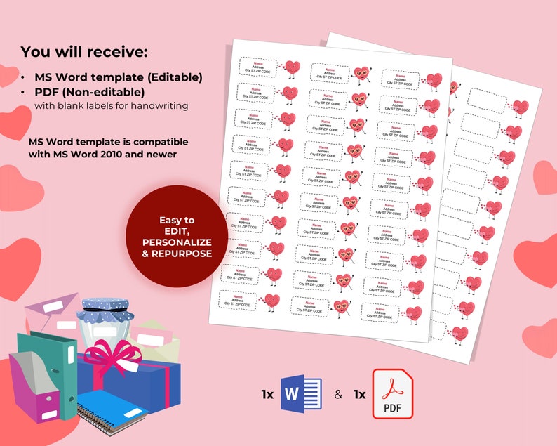 Printable Love, Heart Address Labels, Stickers, Gift, Editable Text ...