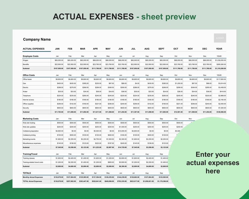 Business Expense Budget Microsoft Excel Template. Currency Dollar Size ...