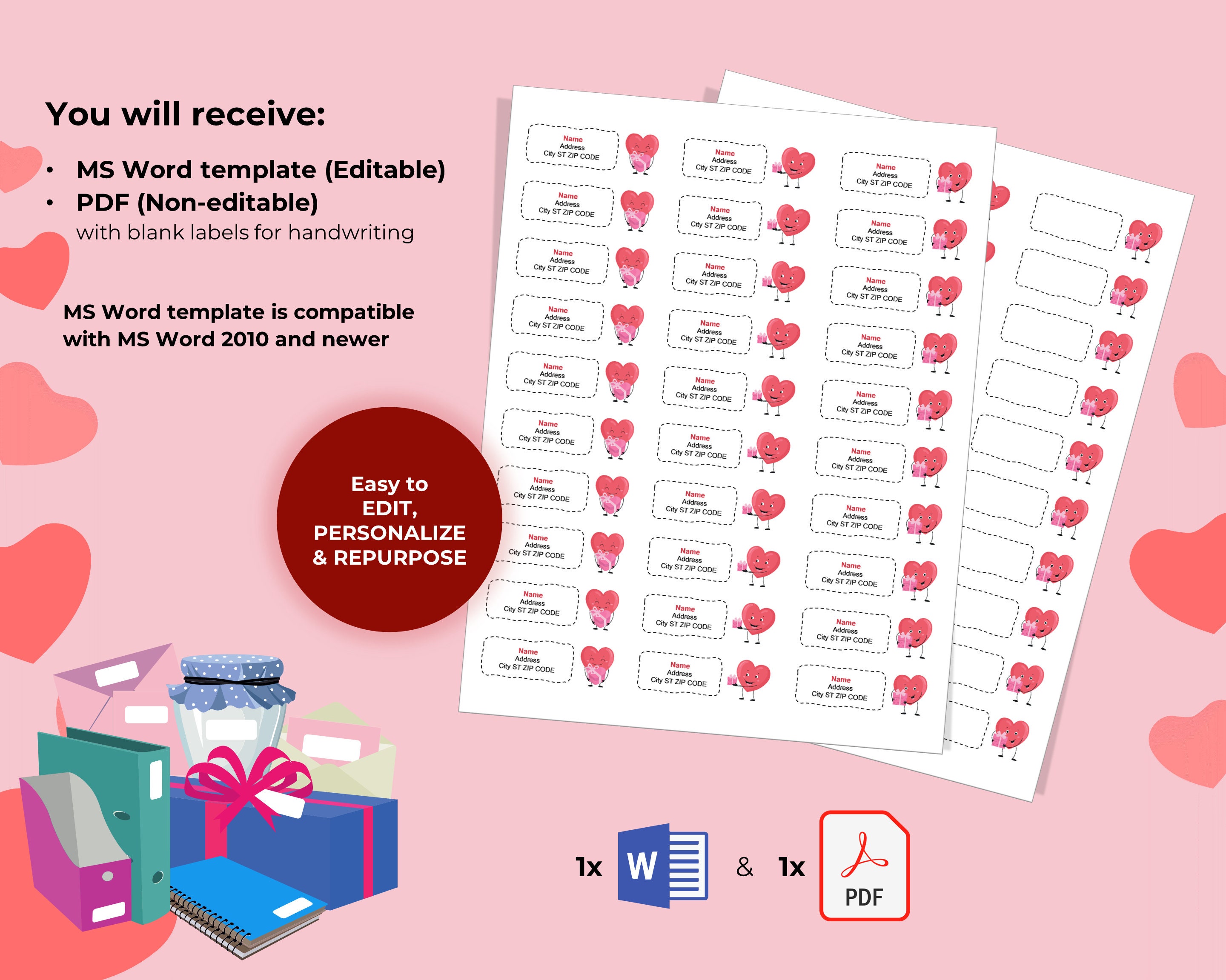 Printable Love, Heart Address Labels, Stickers, Gift, Editable Text ...