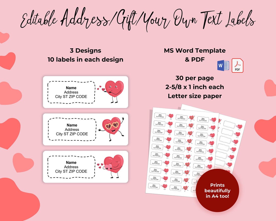 Printable Love, Heart Valentine's Address Labels, Stickers, Gift ...