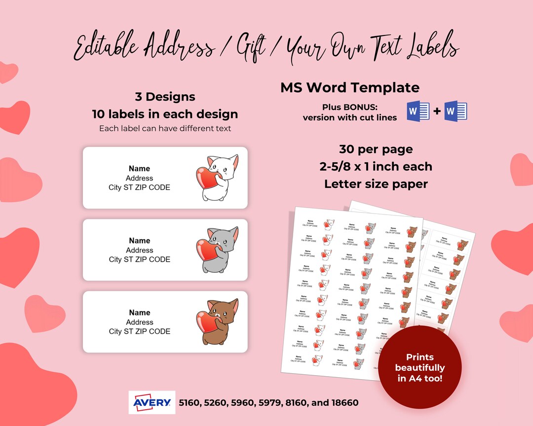 Printable Love, Heart, Cute Cat Address Labels, Stickers, Gift ...