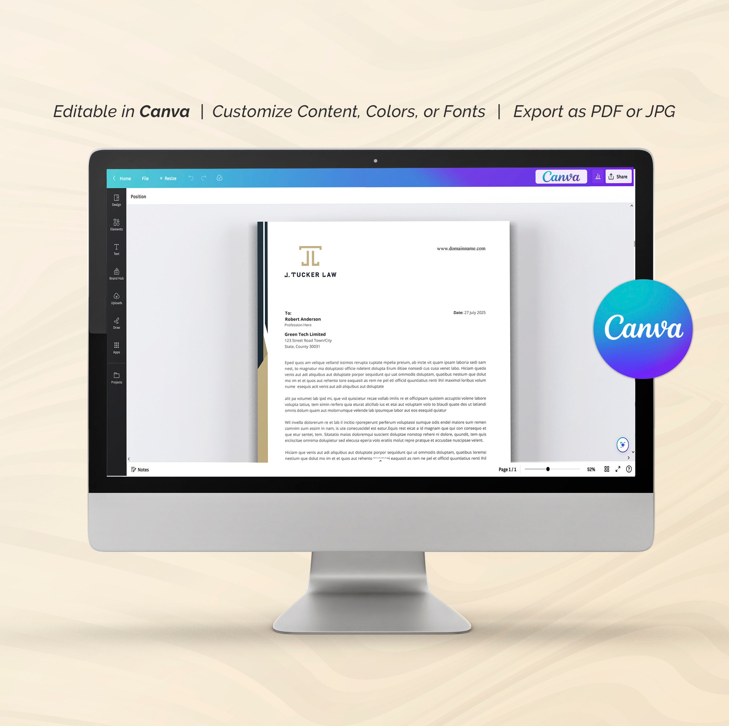 Business Letterhead Template Canva Editable, Custom Company Letterhead ...