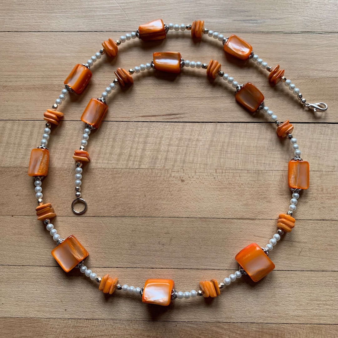 Orange Seashell Faux Pearls 30in Necklace, Dyed Seashells, Faux Pearls ...