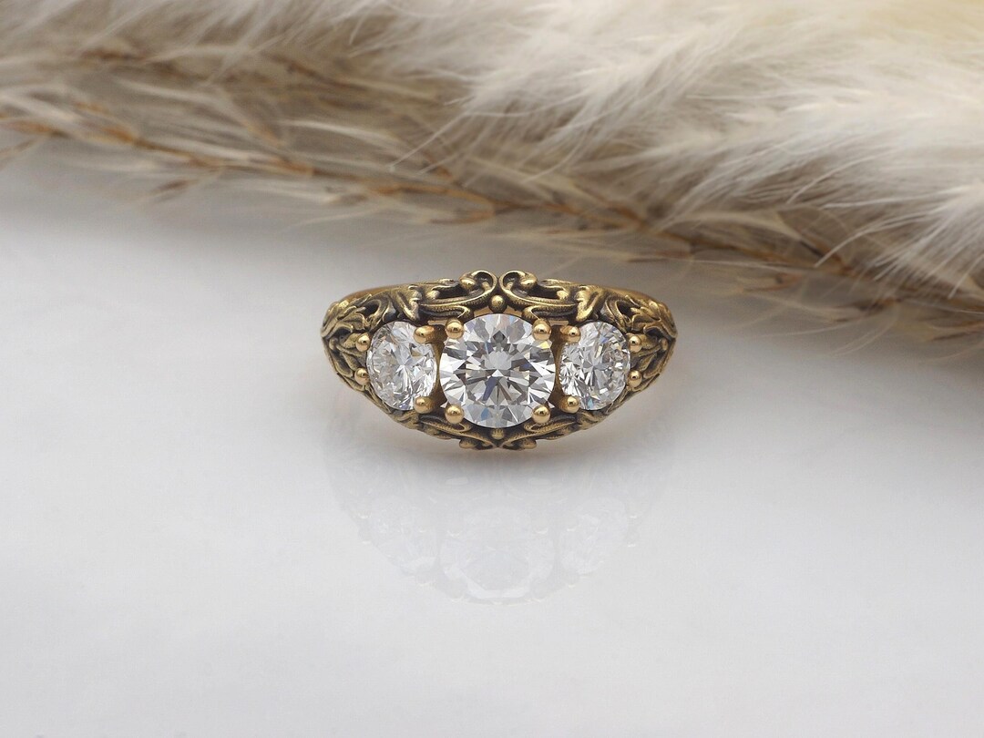 Victorian Style Ring, Carved Scrollwork Ring, Three Stone Ring, 18k ...