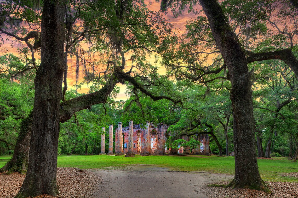 Church, Old Sheldon Church, Live Oak Tree, South Carolina, Color ...