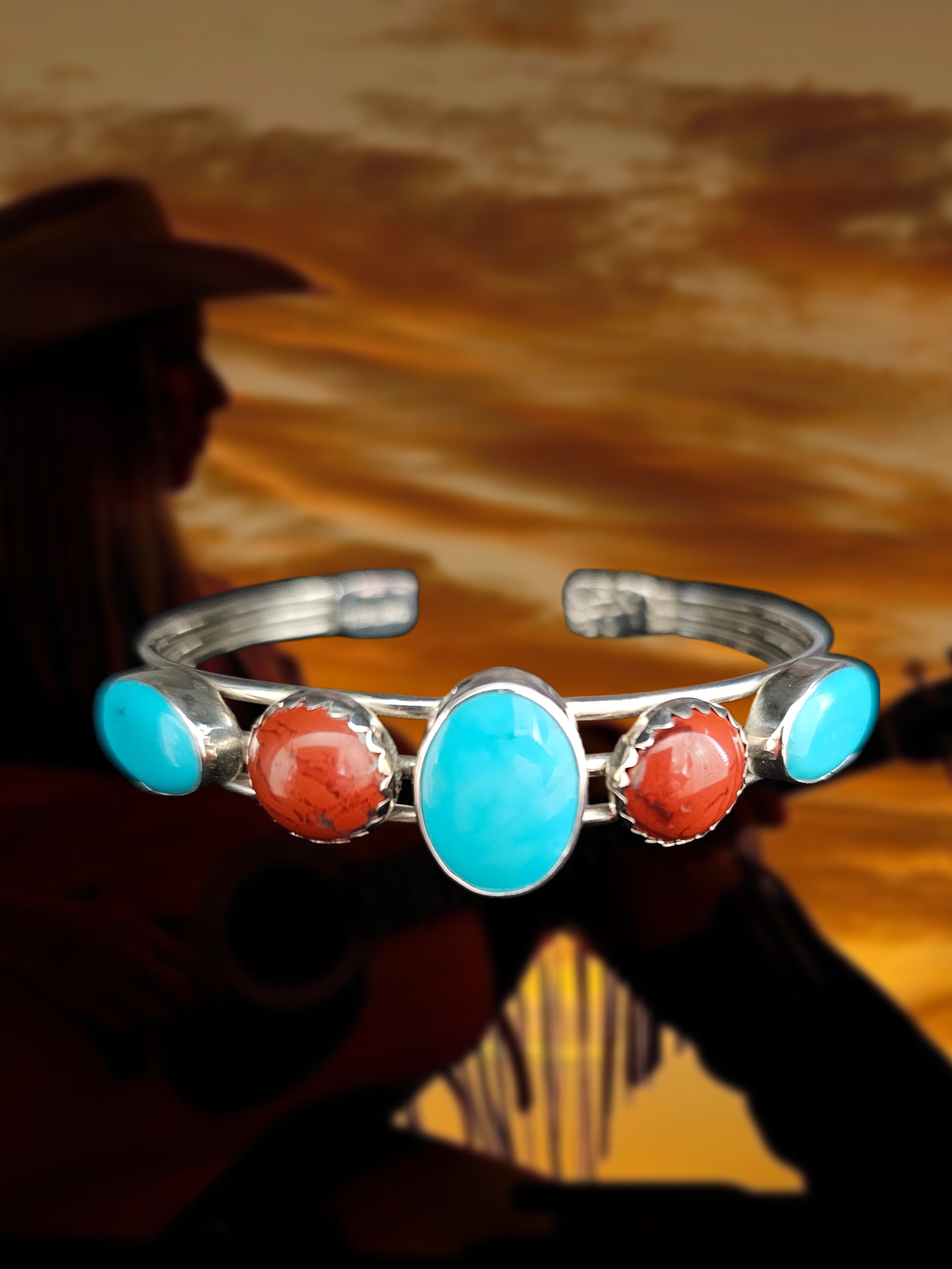 Campitos Blue Turquoise and Red Coral Cuff Sterling Silver/blue ...