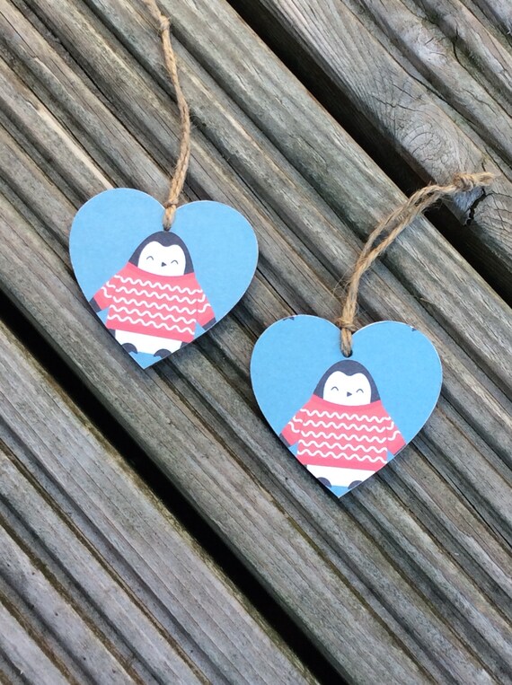 Home & Living Handmade Decoupaged penguin baubles wooden hanging hearts ...