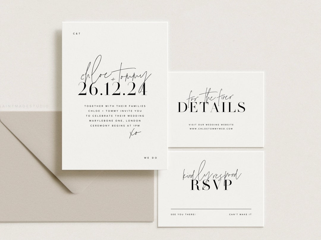 Numeric Wedding Invitation Template Set, Minimal Style Stationery, Bold ...