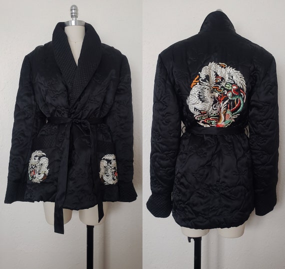 1940s Quilted Black Satin Asian Embroidered Jacket, M… - Gem