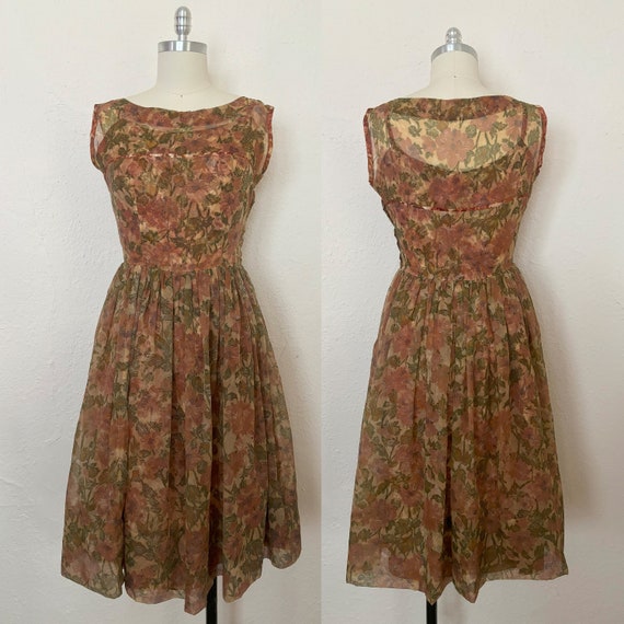 1950s Autumnal Chiffon and Acetate Floral Print Dress… - Gem