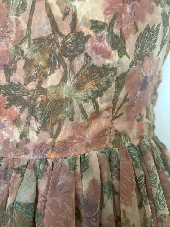 1950s Autumnal Chiffon and Acetate Floral Print Dress… - Gem