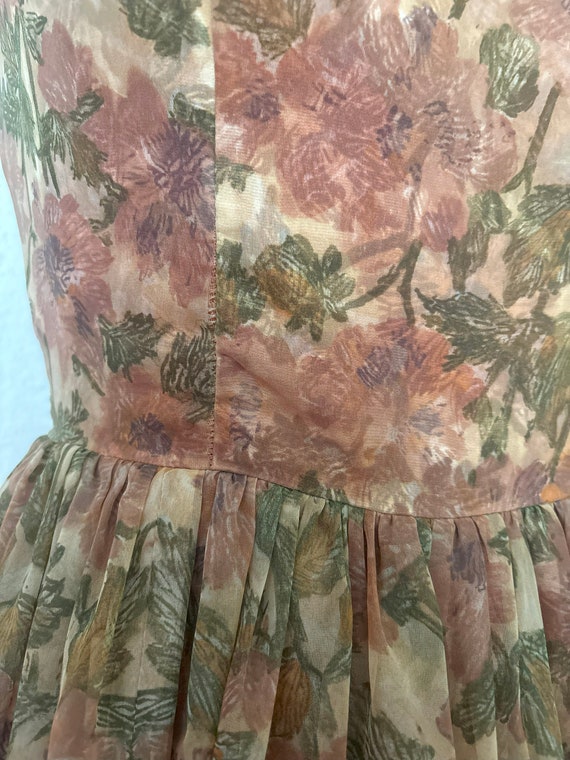 1950s Autumnal Chiffon and Acetate Floral Print Dress… - Gem