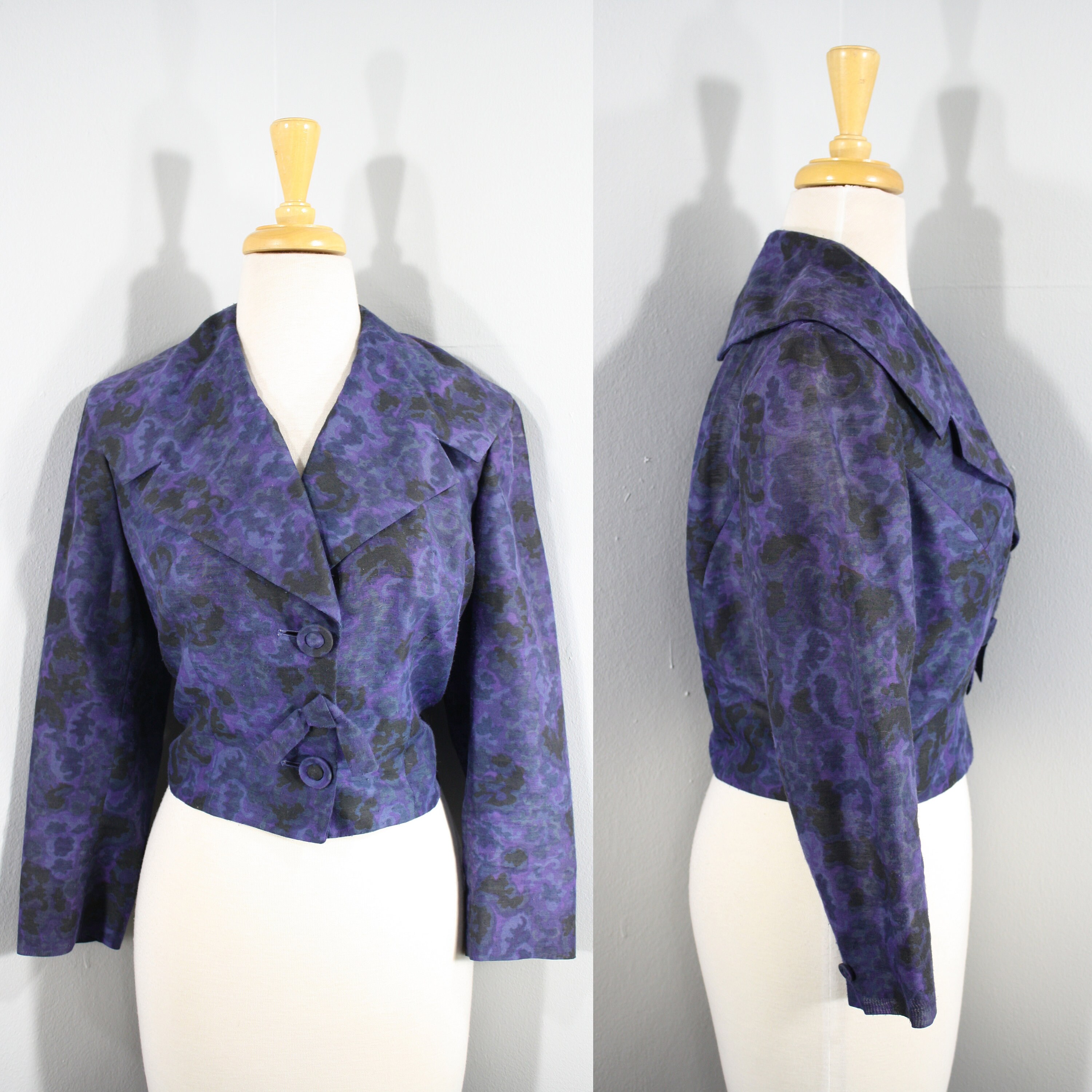 1950s Blue Watercolor Floral Cropped Jacket, by Glenhaven, Medium to ...