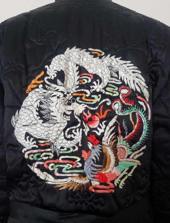 1940s Quilted Black Satin Asian Embroidered Jacket, M… - Gem