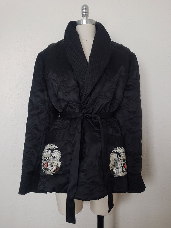 1940s Quilted Black Satin Asian Embroidered Jacket, M… - Gem