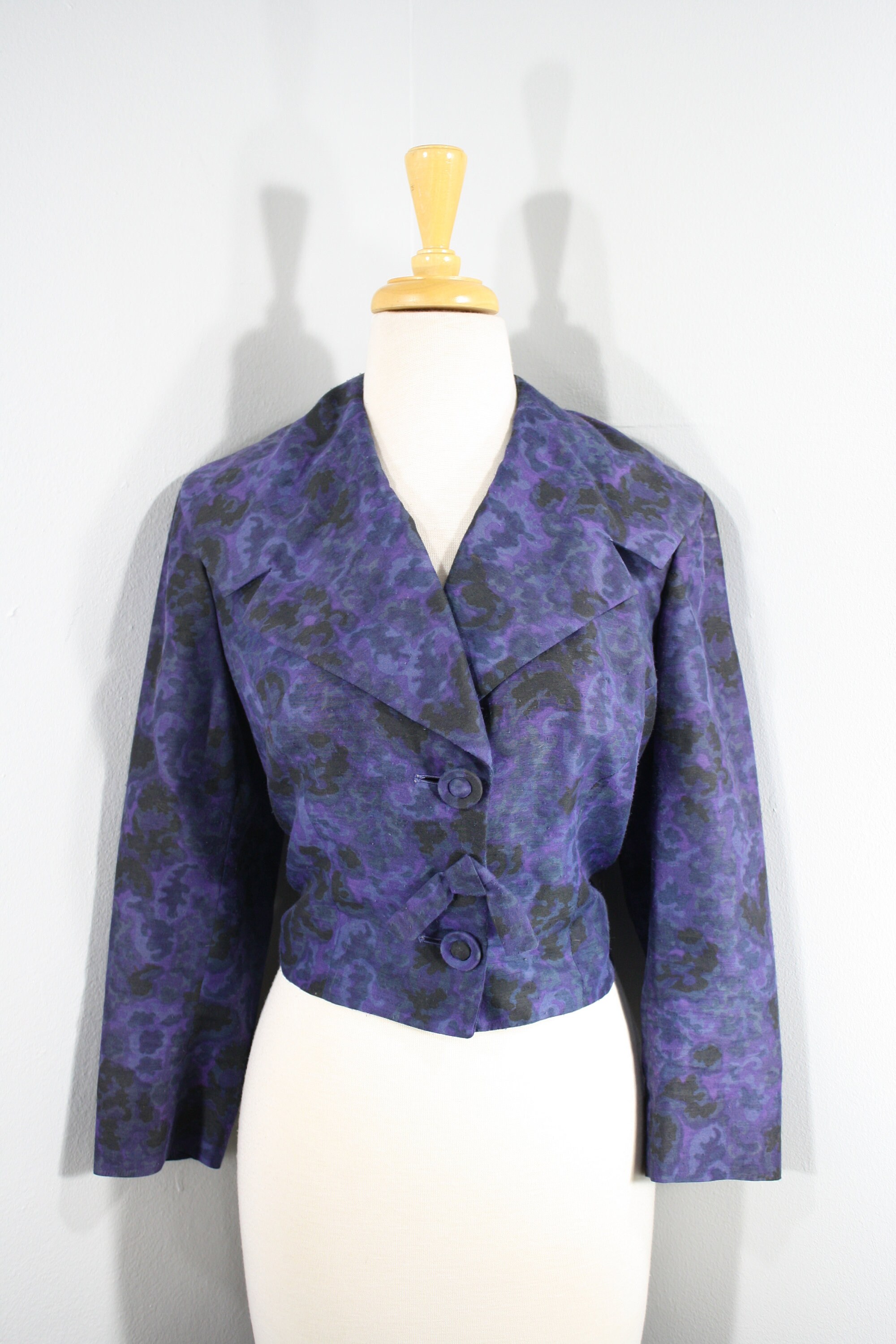 1950s Blue Watercolor Floral Cropped Jacket, by Glenhaven, Medium to ...