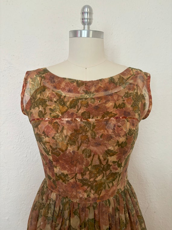 1950s Autumnal Chiffon and Acetate Floral Print Dress… - Gem
