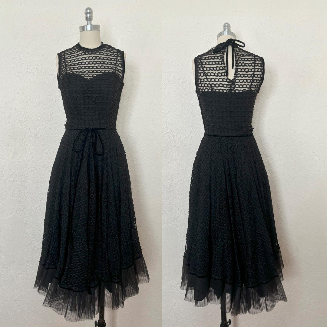 1950s Black Tulle Silk Ribbon Dress by Dance Time, Extra Small to Small ...