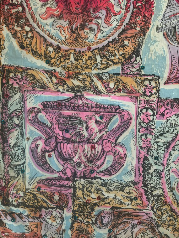 1950s Classical Motif Watercolor Print Sequin Cotton … - Gem