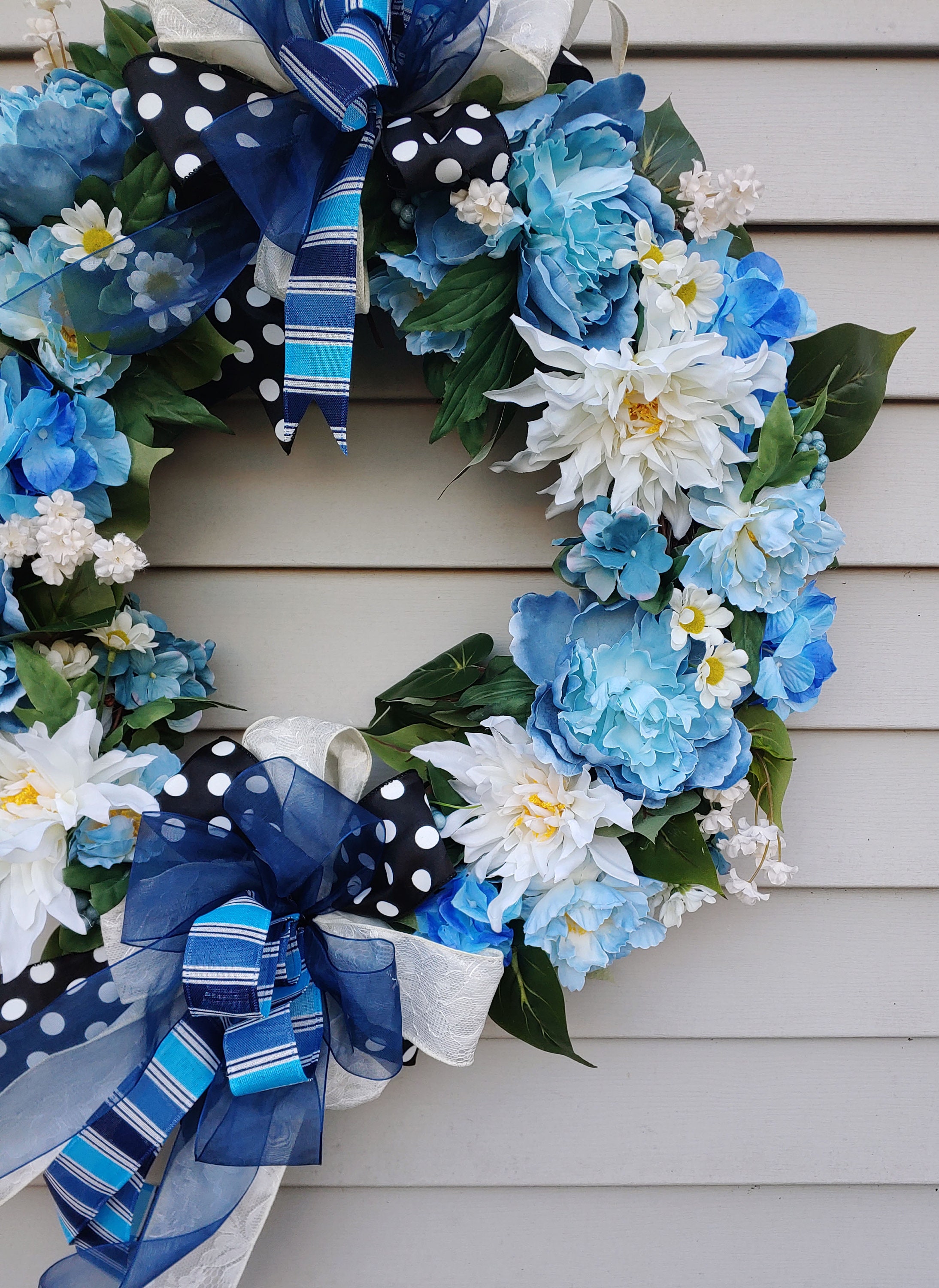 Front Door Blue Wreath, Blue and White Grapevine Wreath, Blue Peony ...