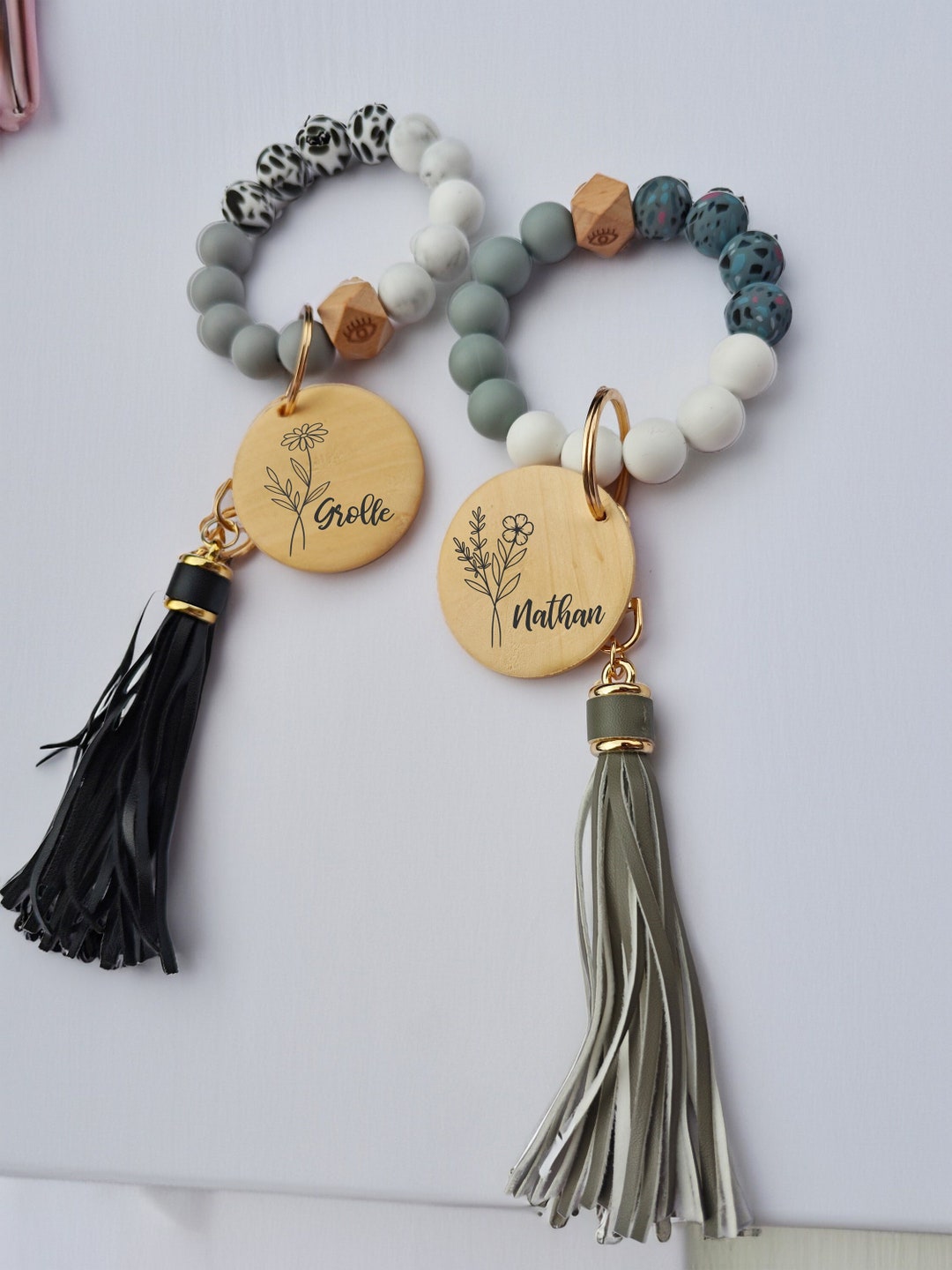 Beaded Keychain Bracelet, Key Ring, Key Fob, Laser Cut Personalized ...