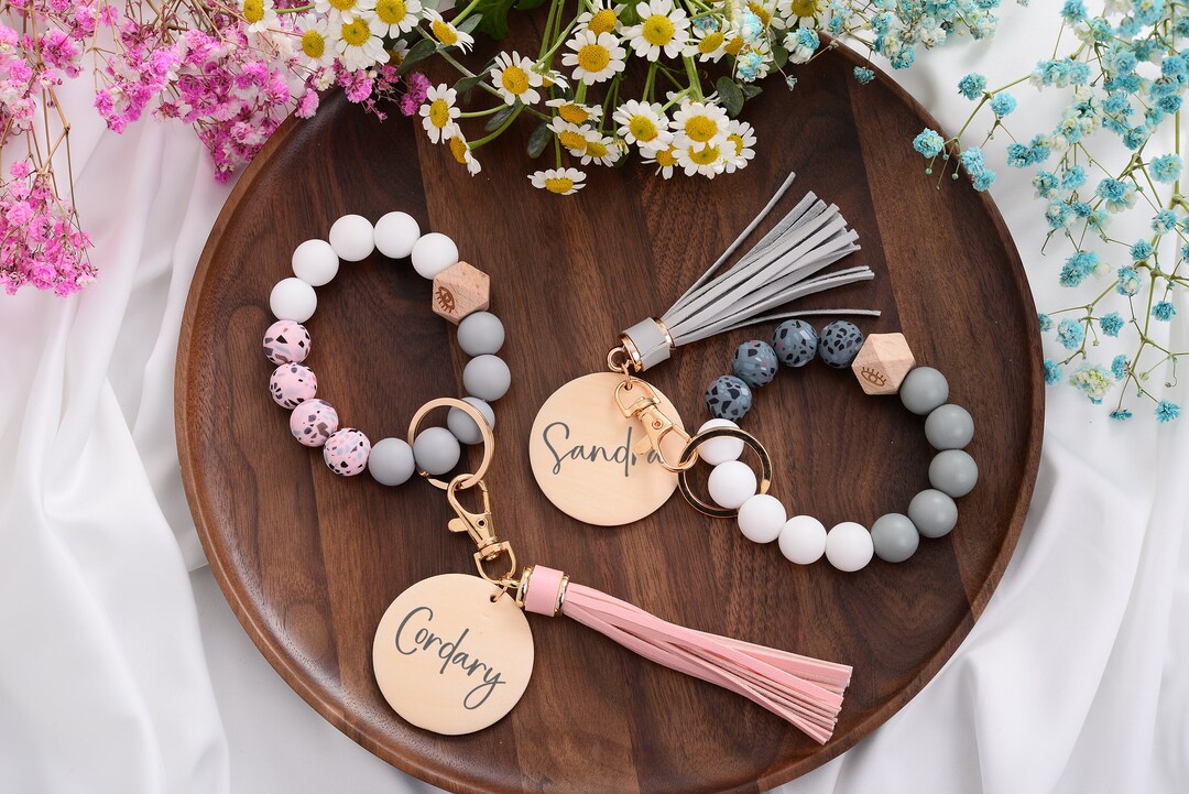 Beaded Keychain Bracelet, Key Ring, Key Fob, Laser Cut Personalized ...