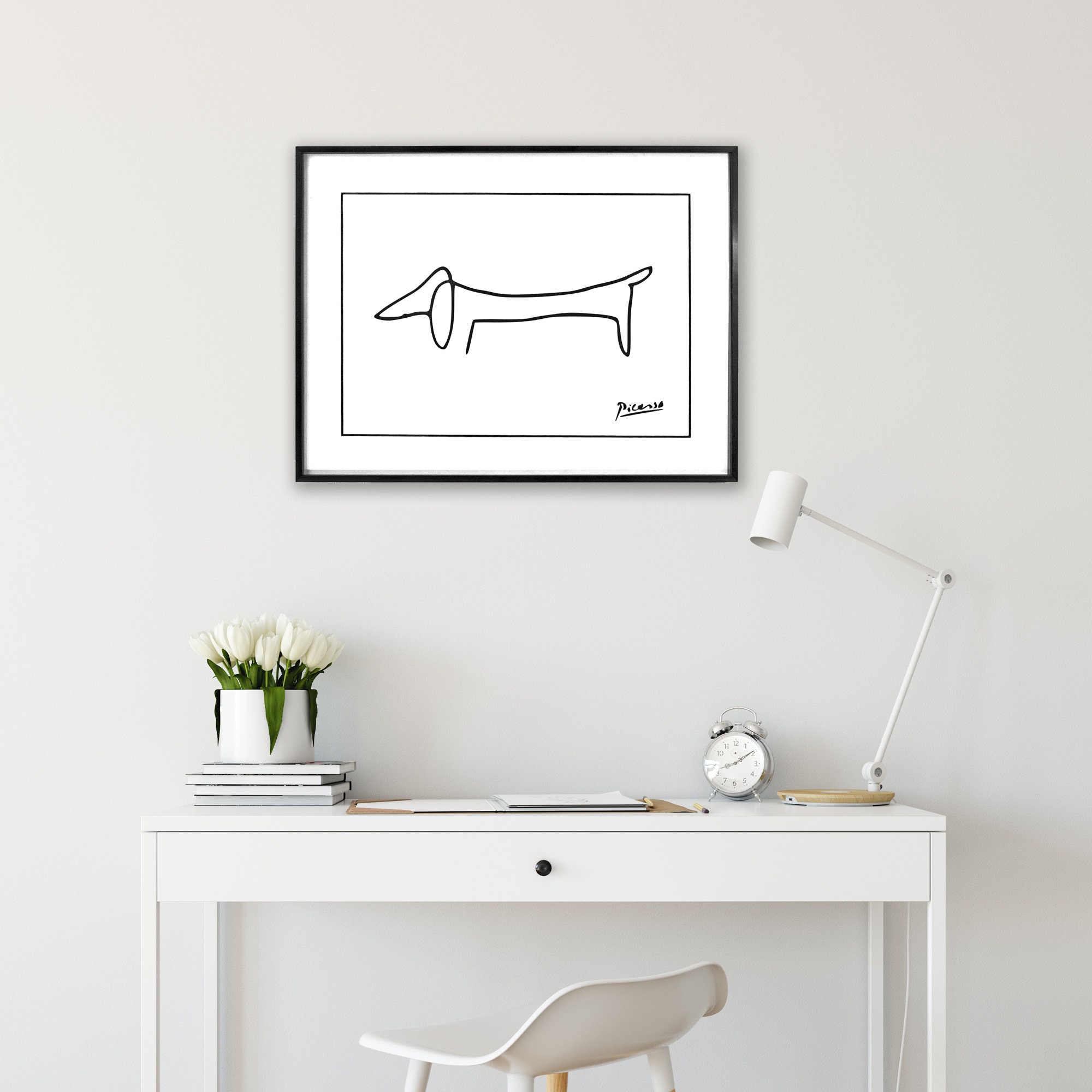 Framed Art on Picasso Weiner Dog Line Drawing Art Aluminum Wall Frame ...
