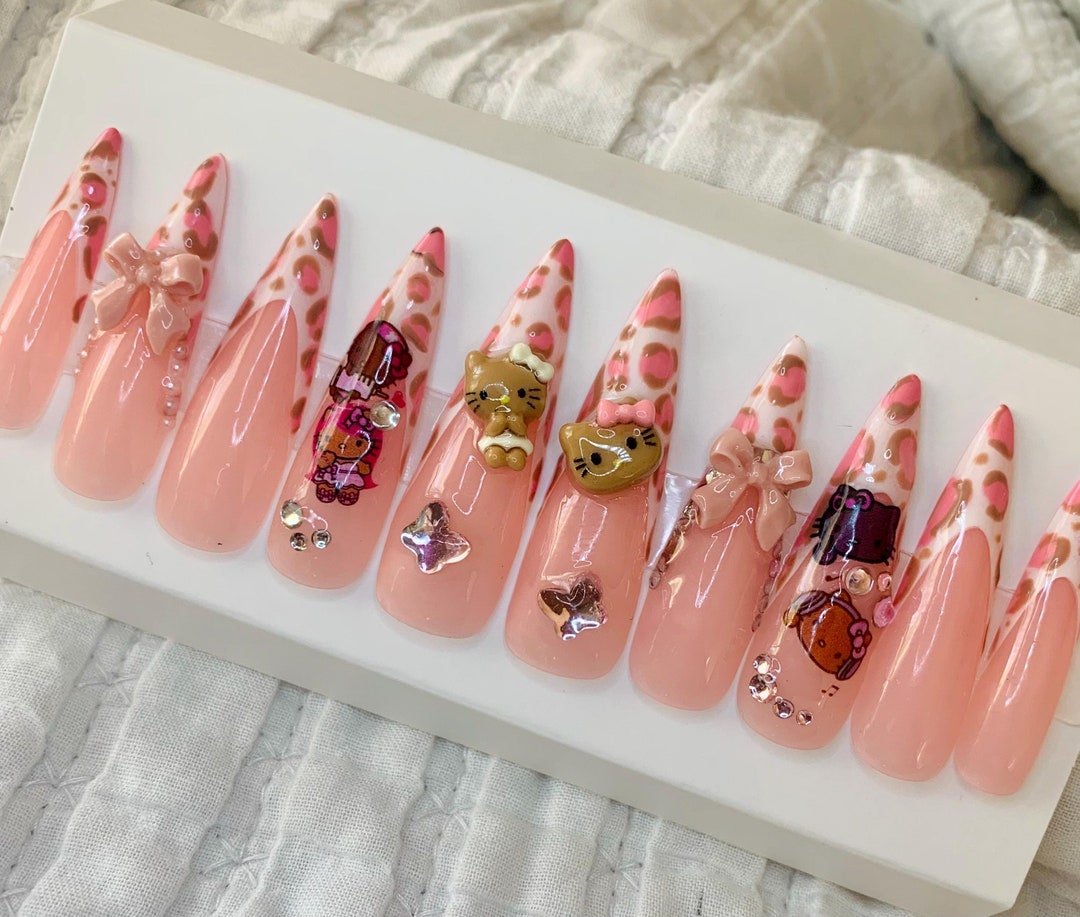 Kawaii Melanated Hello Kitty,leopard Print Nails,y2k Nail Hand-painted ...