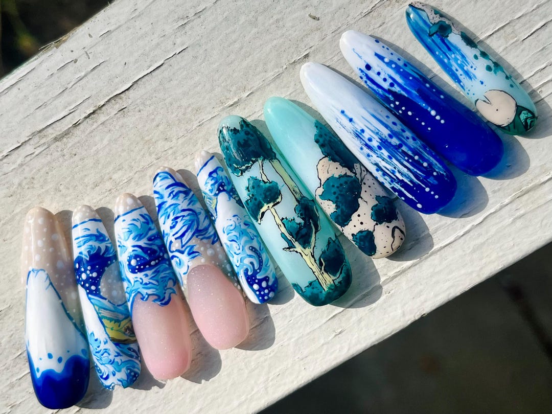 Japanese Wood Print Inspired Nails*hand Painted Tsunami Nail Art, Mt ...