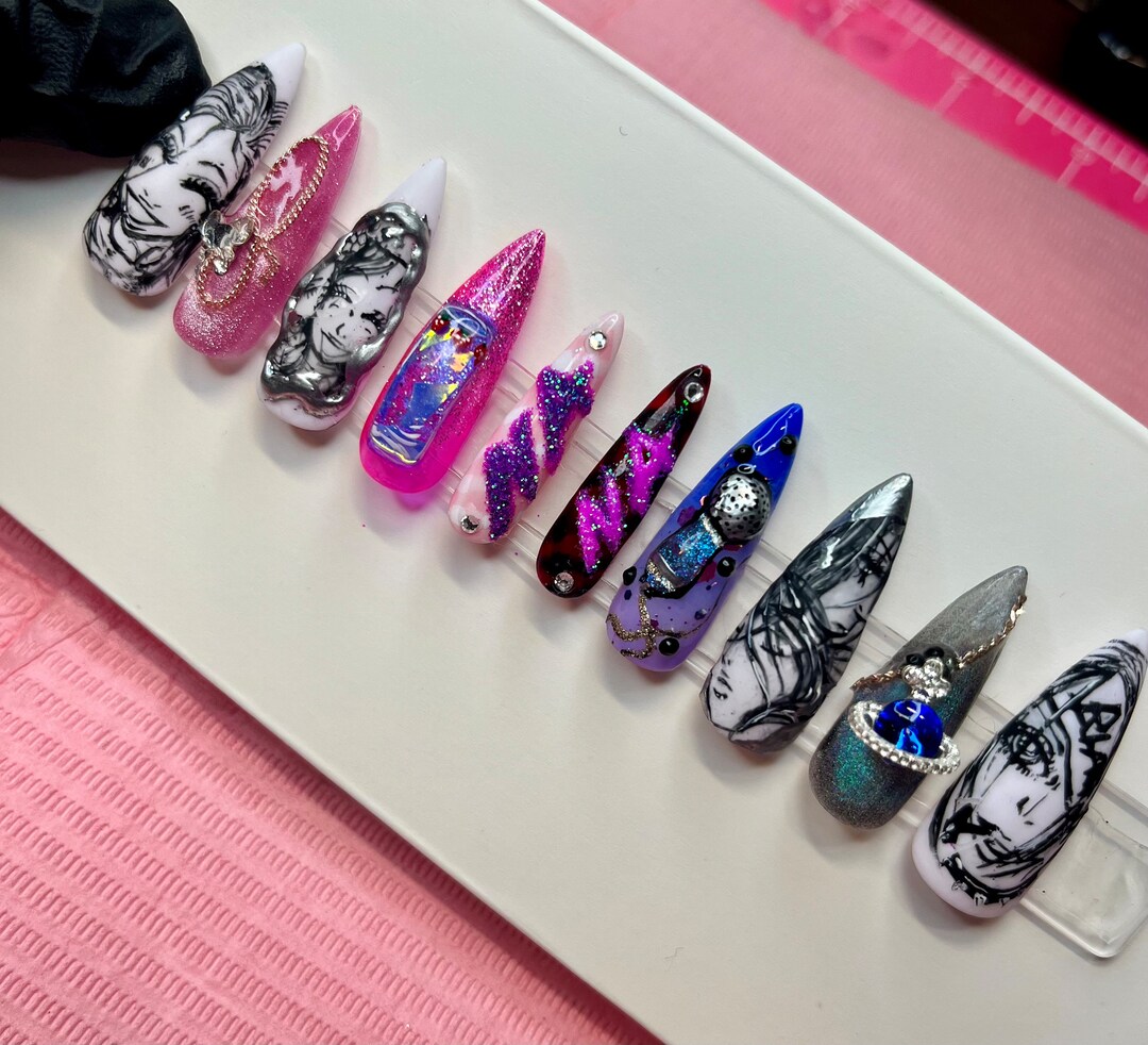 Nana Hand Painted Anime Nail Art, Kawai Anime Goth Nails, Press on Nail ...