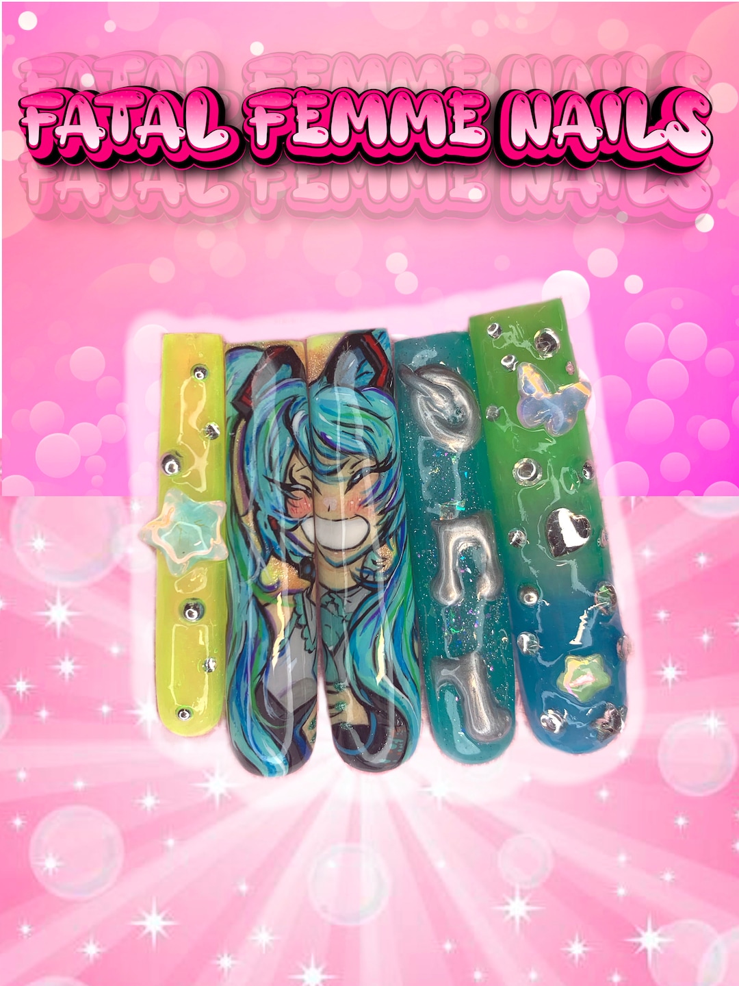 Hand Painted Miku Hatsune Nails WITH Key Chain and Sticker, Hand ...