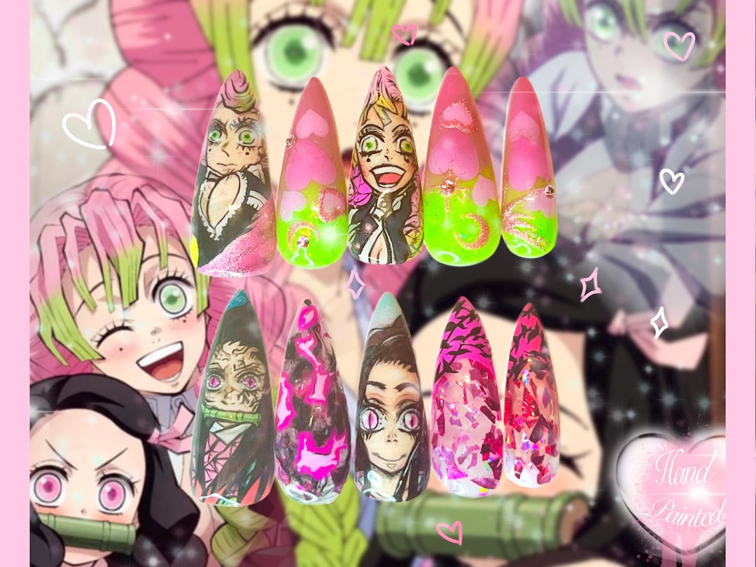 DEMON SLAYER Hand Painted Anime Nail Art, Kawaii Anime Nails, Custom ...