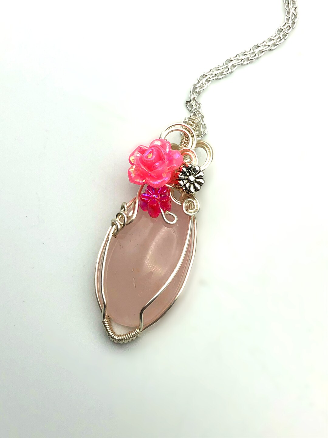 Wire Wrapped Rose Quartz Flower Pendant - Etsy