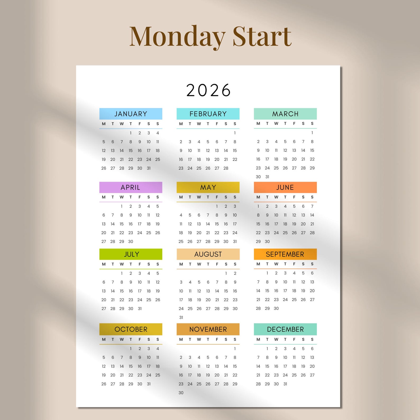 2026 Colorful Portrait Calendar | A5, A4, A3, A2, US Letter, Tabloid ...