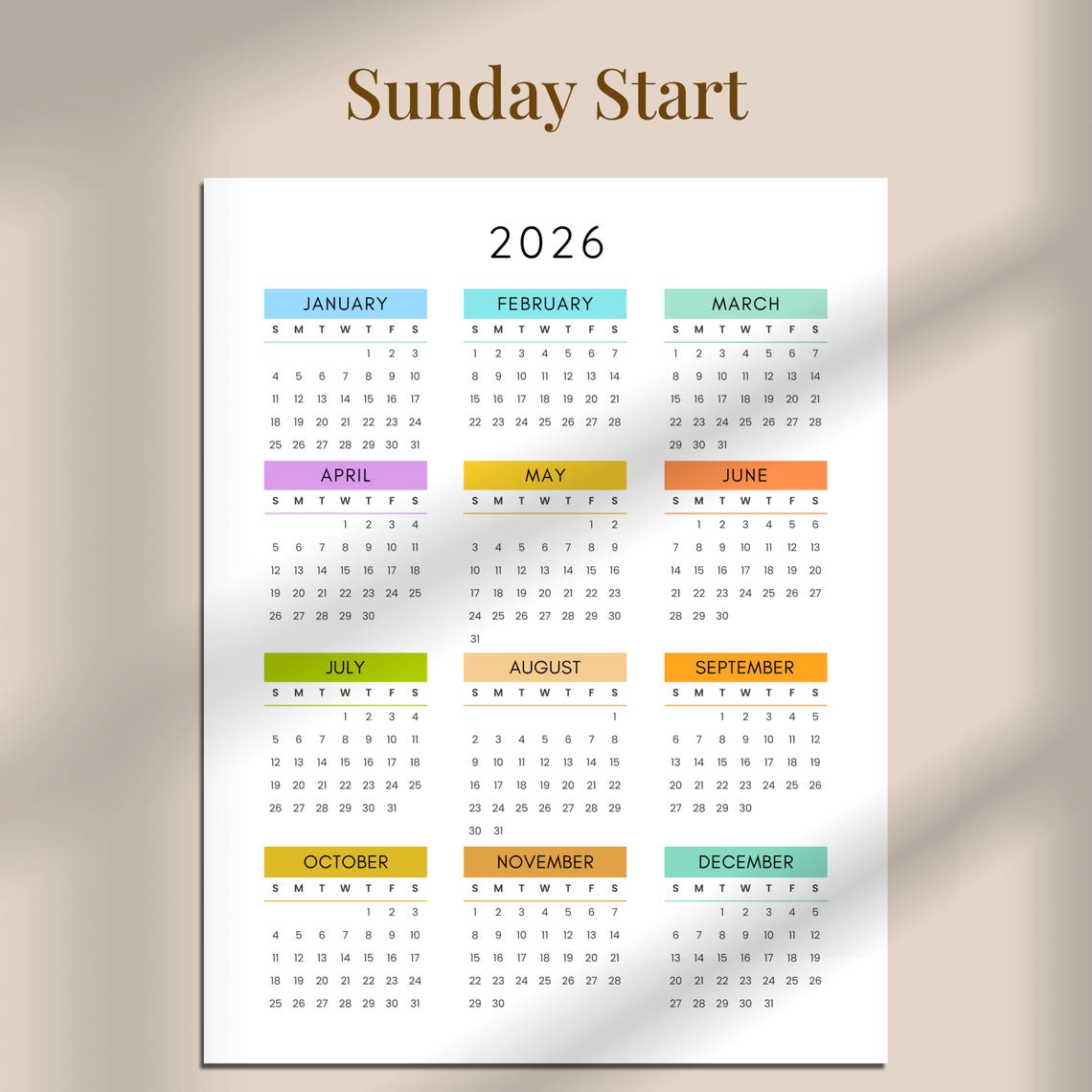 2026 Colorful Portrait Calendar | A5, A4, A3, A2, US Letter, Tabloid ...
