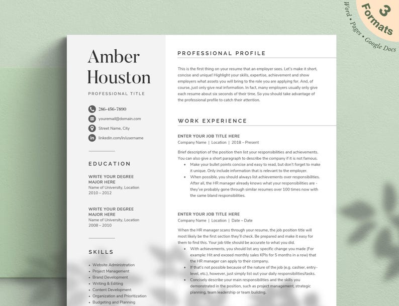 Resume Template for Word, Pages, Google Docs - Professional & Modern CV ...