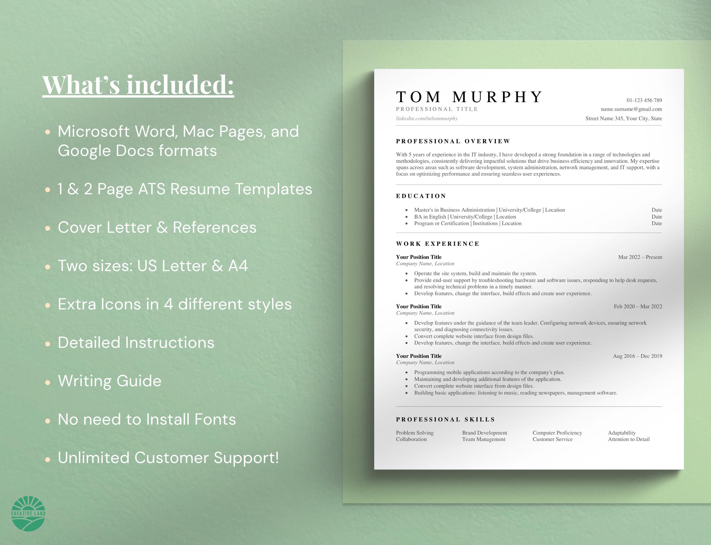 ATS Resume Template: Modern, Simple CV for Word, Google Docs, Pages - Etsy