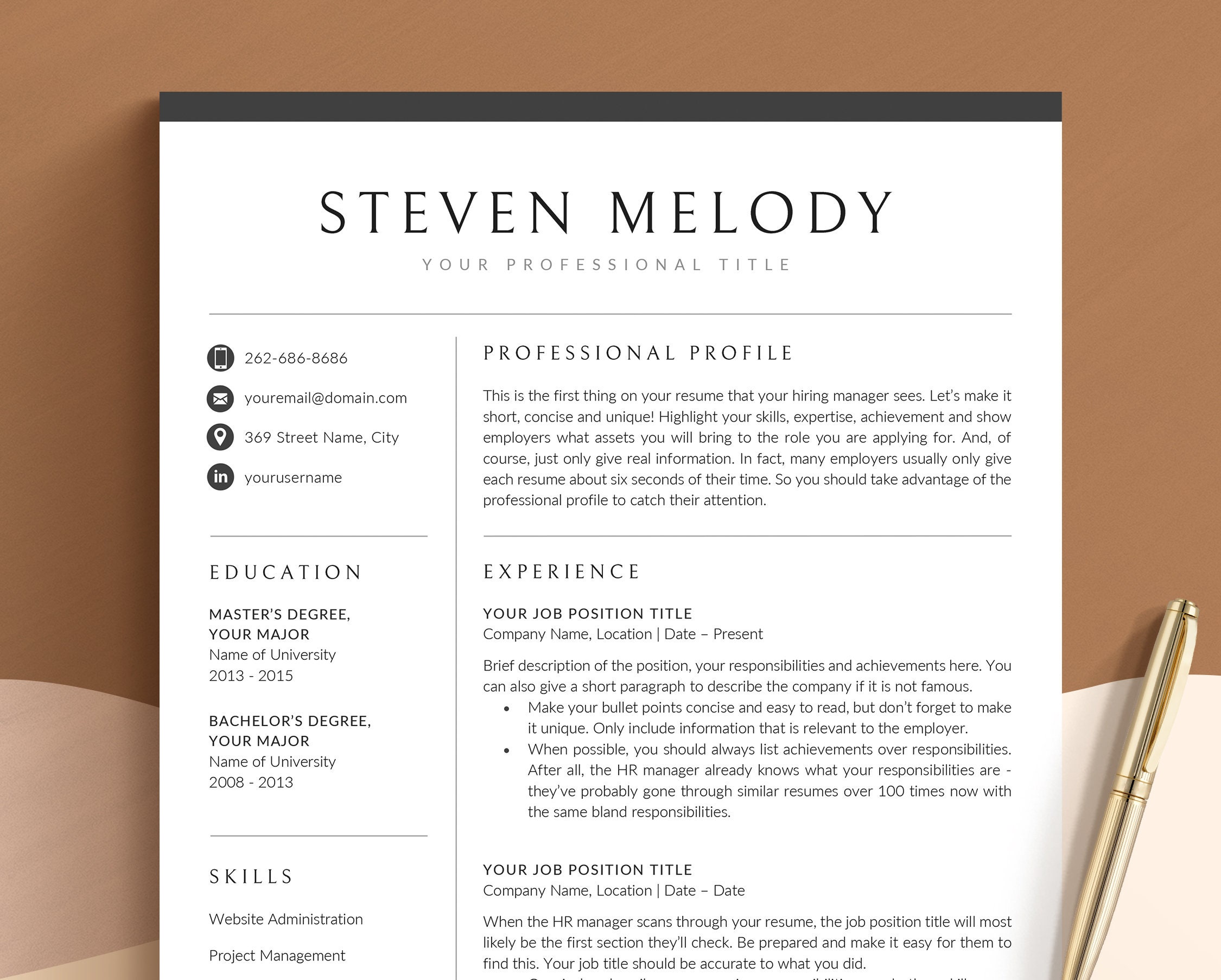 Professional Resume Template for Word, Pages, Google Docs Modern Resume ...