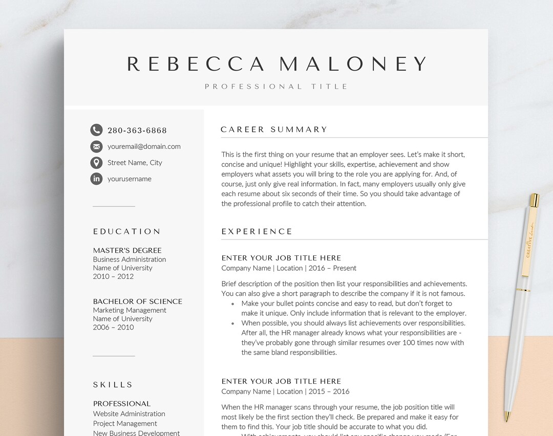 Professional Resume Template for GOOGLE Docs MS Word Pages - Etsy