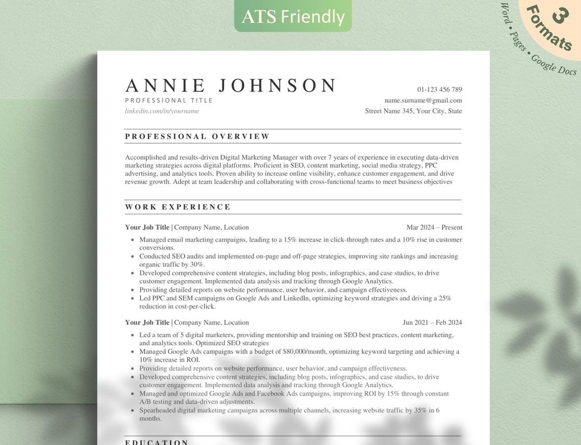 ATS Resume Template: Modern CV Design for Word, Pages, Google Docs - Etsy