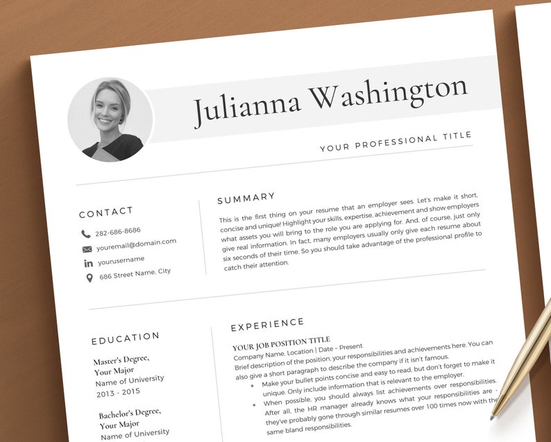 Professional Resume Template With Photo Modern Resume Template for Word & Apple Pages Headshot ...