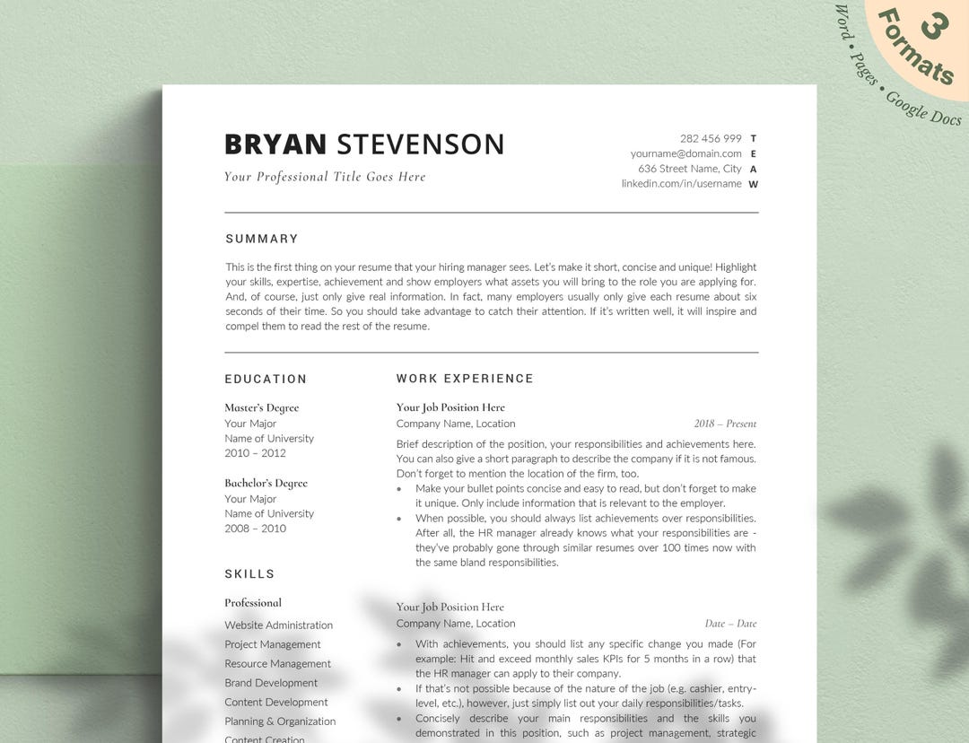 Professional Resume Template | CV Design for Word, Pages, Google Docs ...