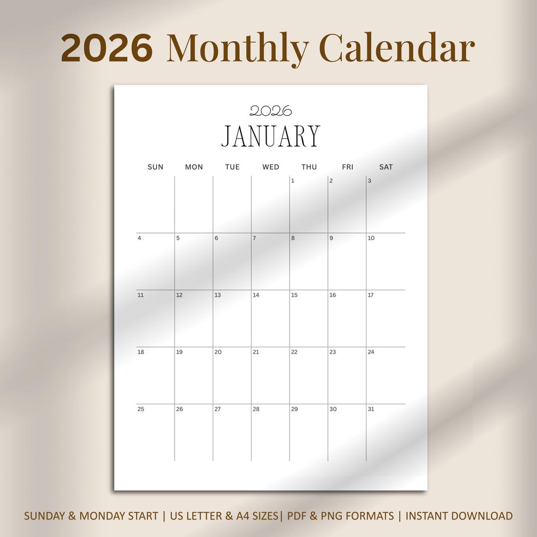 2026 Monthly Calendar | US Letter, A4 Sizes | PDF, PNG Instant Download ...