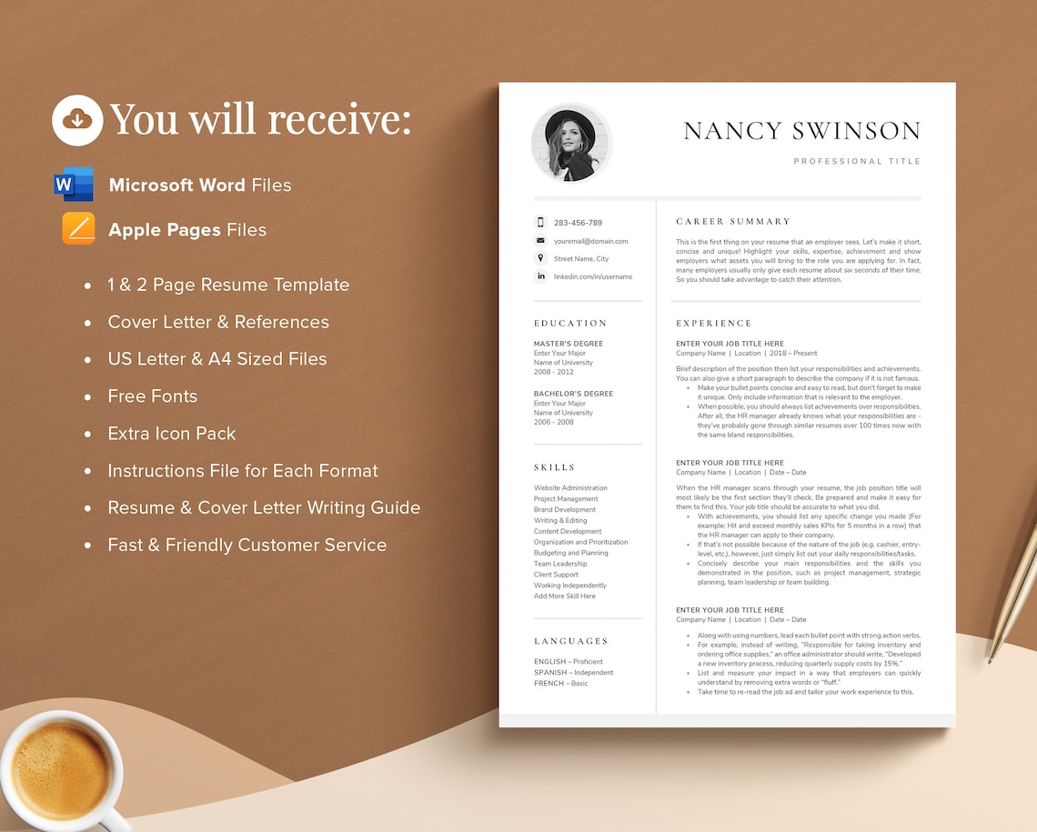 Professional Resume Template, Headshot Resume Template for Word, Pages ...